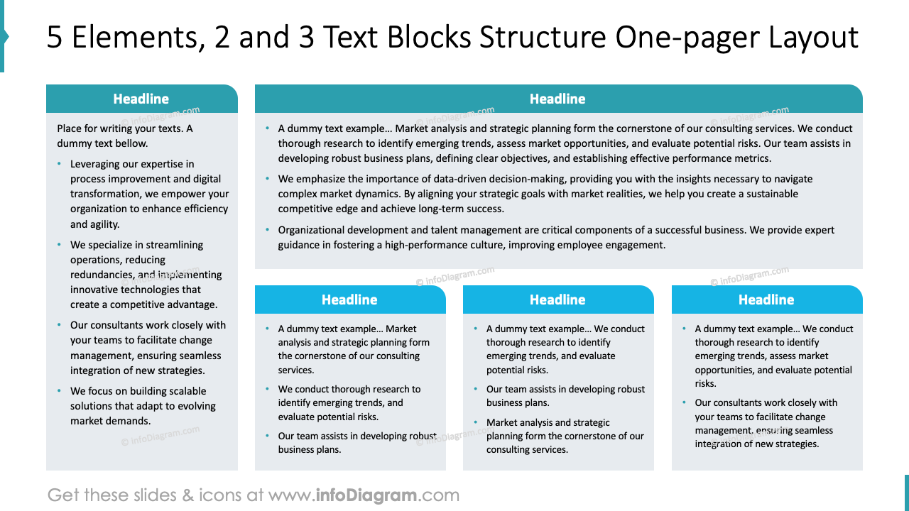 5 Elements, 2 and 3 Text Blocks Structure One Pager Layout