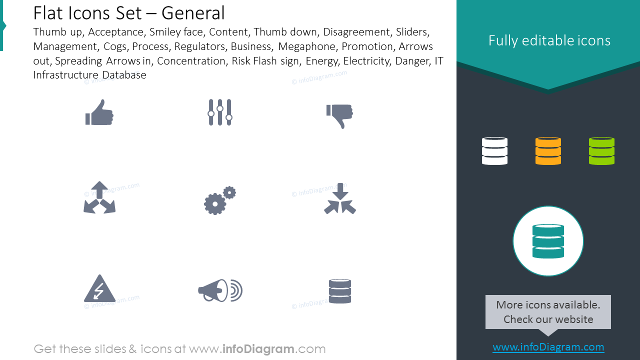 Flat icons set: thumb up, acceptance, smiley face, content
