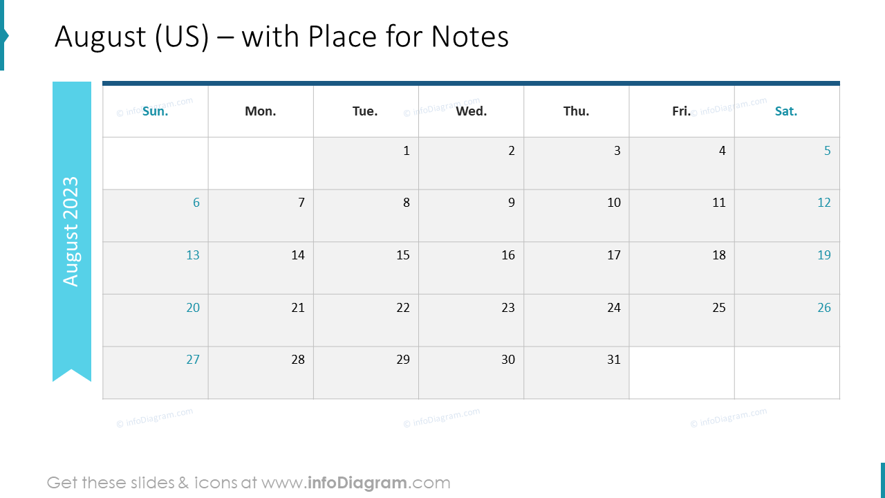 August (US) – with Place for Notes