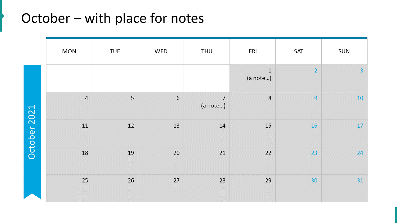 October – with place for notes