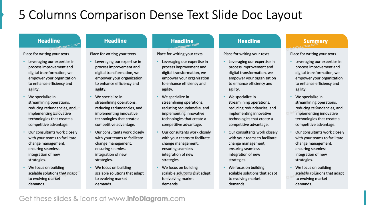 5 Columns Comparison Dense Text Slide Doc Layout