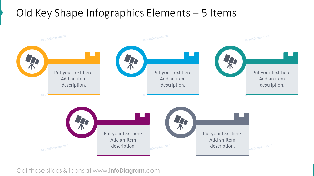 Old key shape infographics for 5 elements