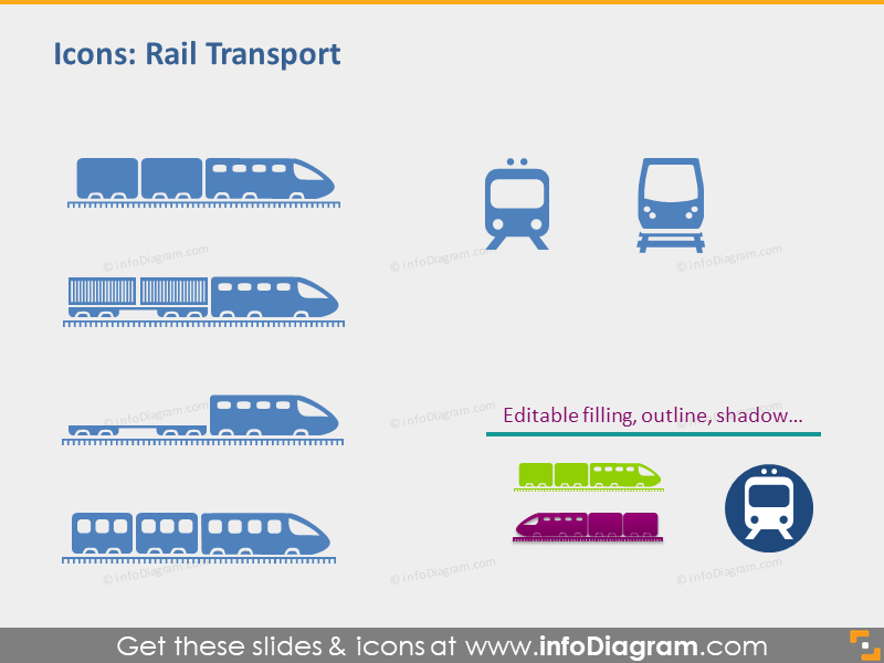 Logistics icons train rail locomotive pins powerpoint symbol