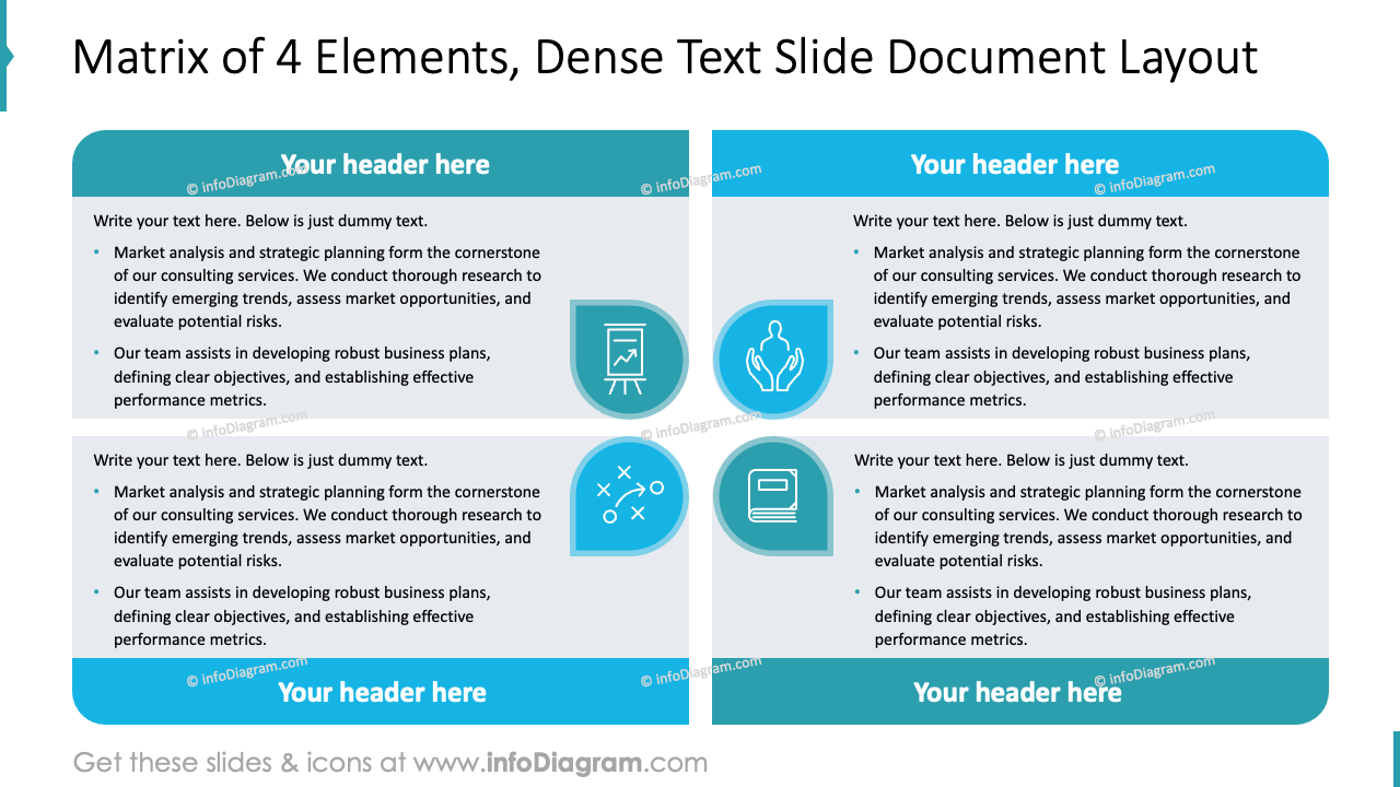 Matrix of 4 Elements, Dense Text Slide Document Layout