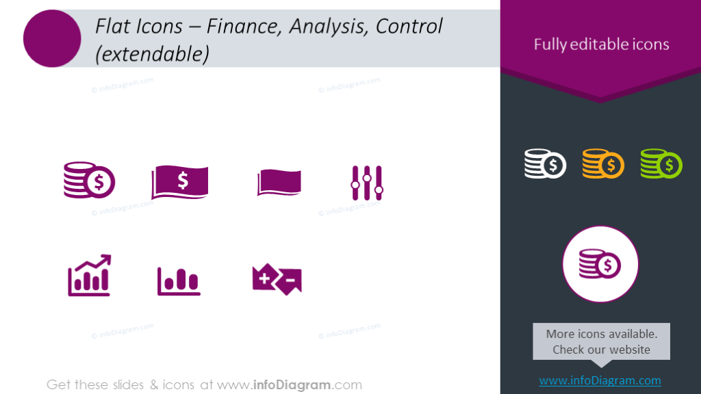 Symbols intended to show finance, analysis and control process