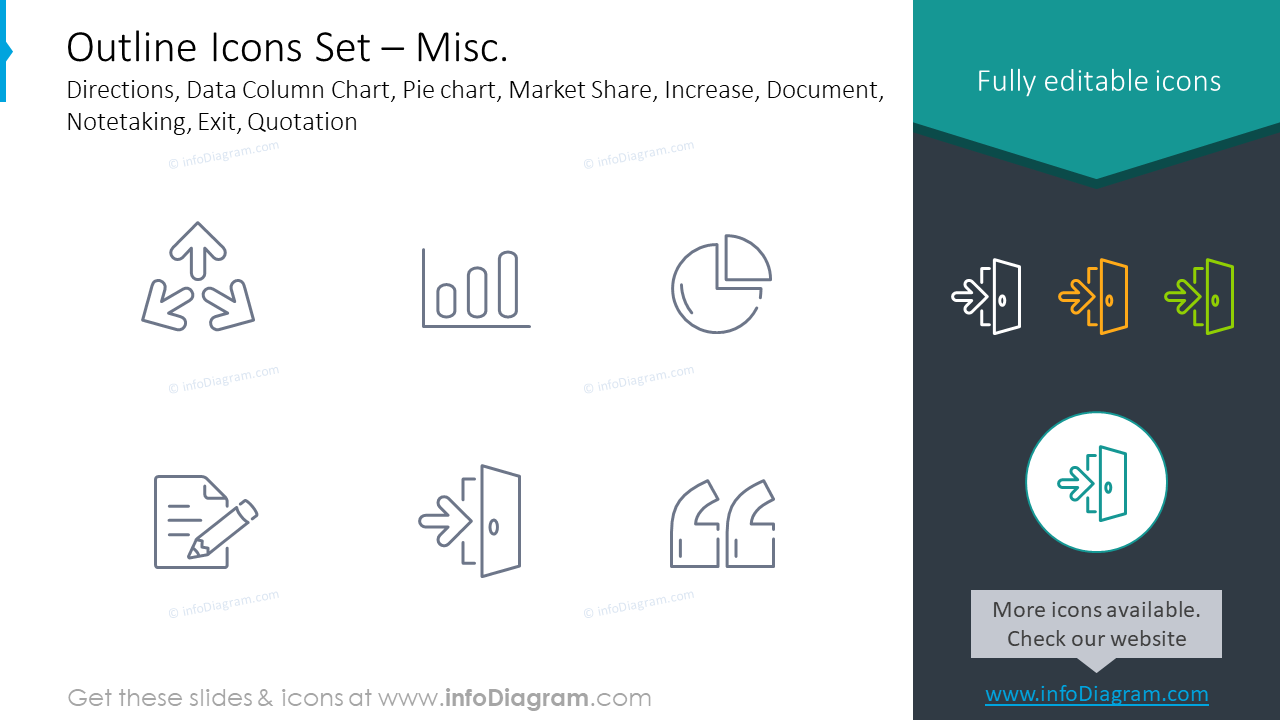 Outline icons: misc.directions, data column chart, pie chart, market share