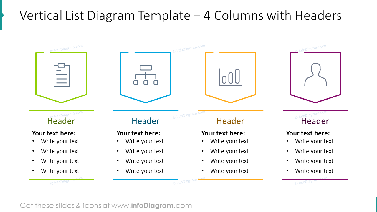Vertical list diagram for four columns with headers