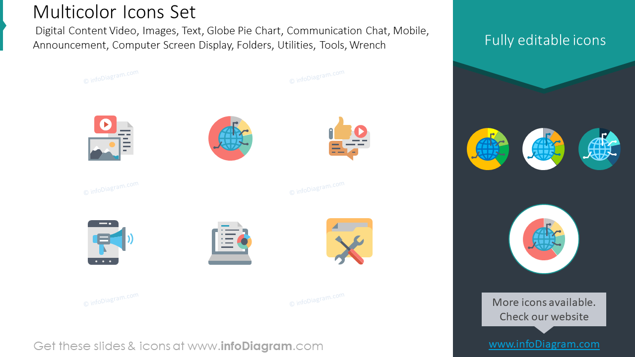 Multicolor icons set: digital content video, images, text, pie chart
