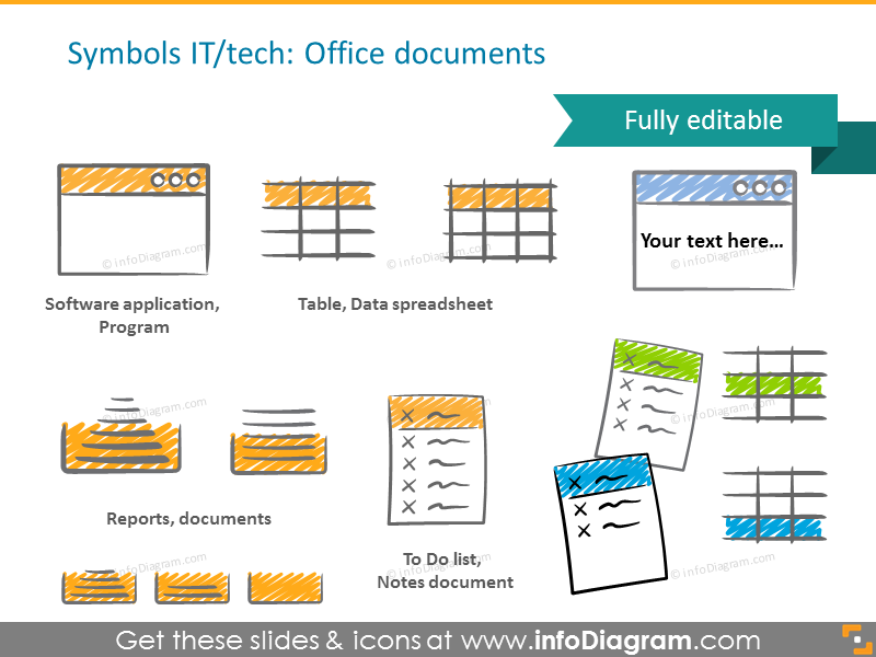 Example of the office documents and IT symbols