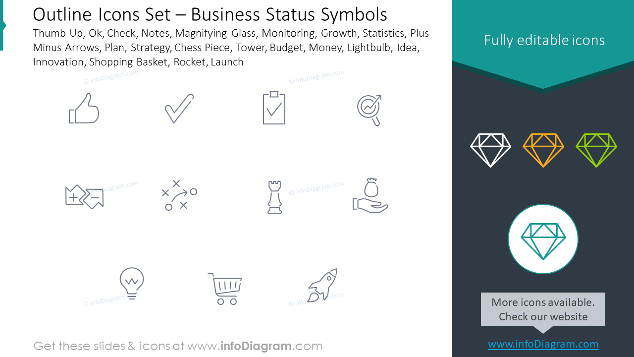 Outline icons set: business status symbols thumb up, OK, check, notes