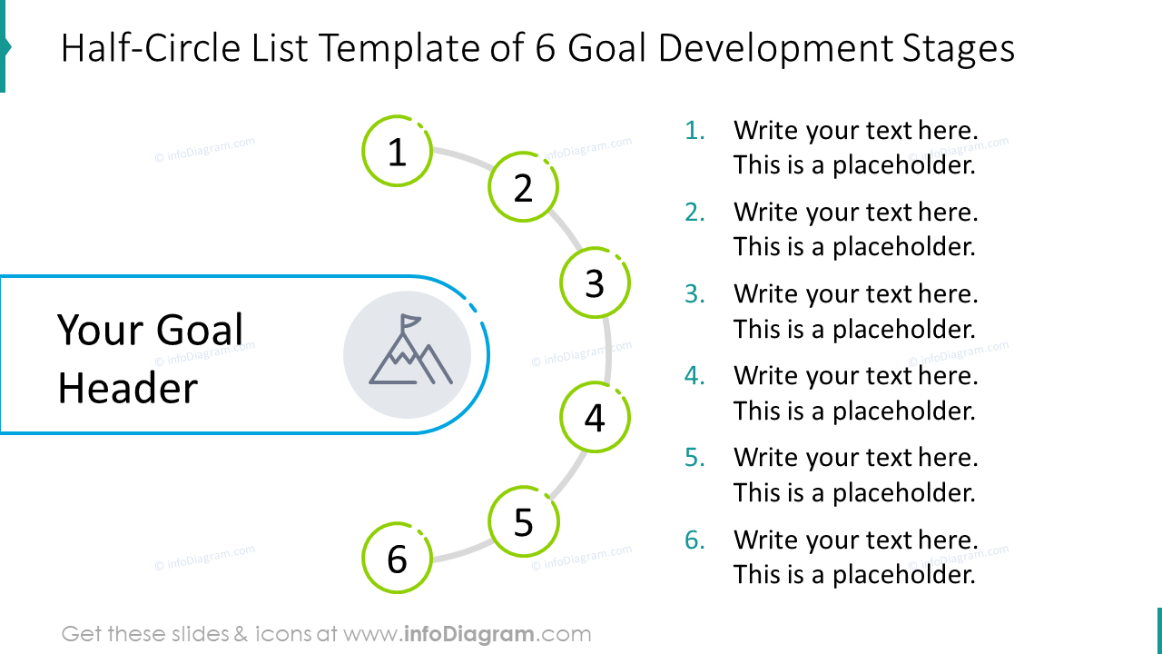 Half-circle list template of six goal development stages