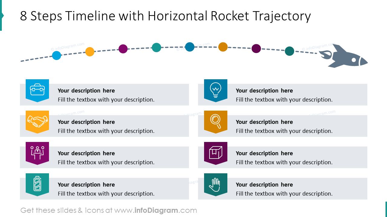 8 steps timeline with horizontal rocket trajectory