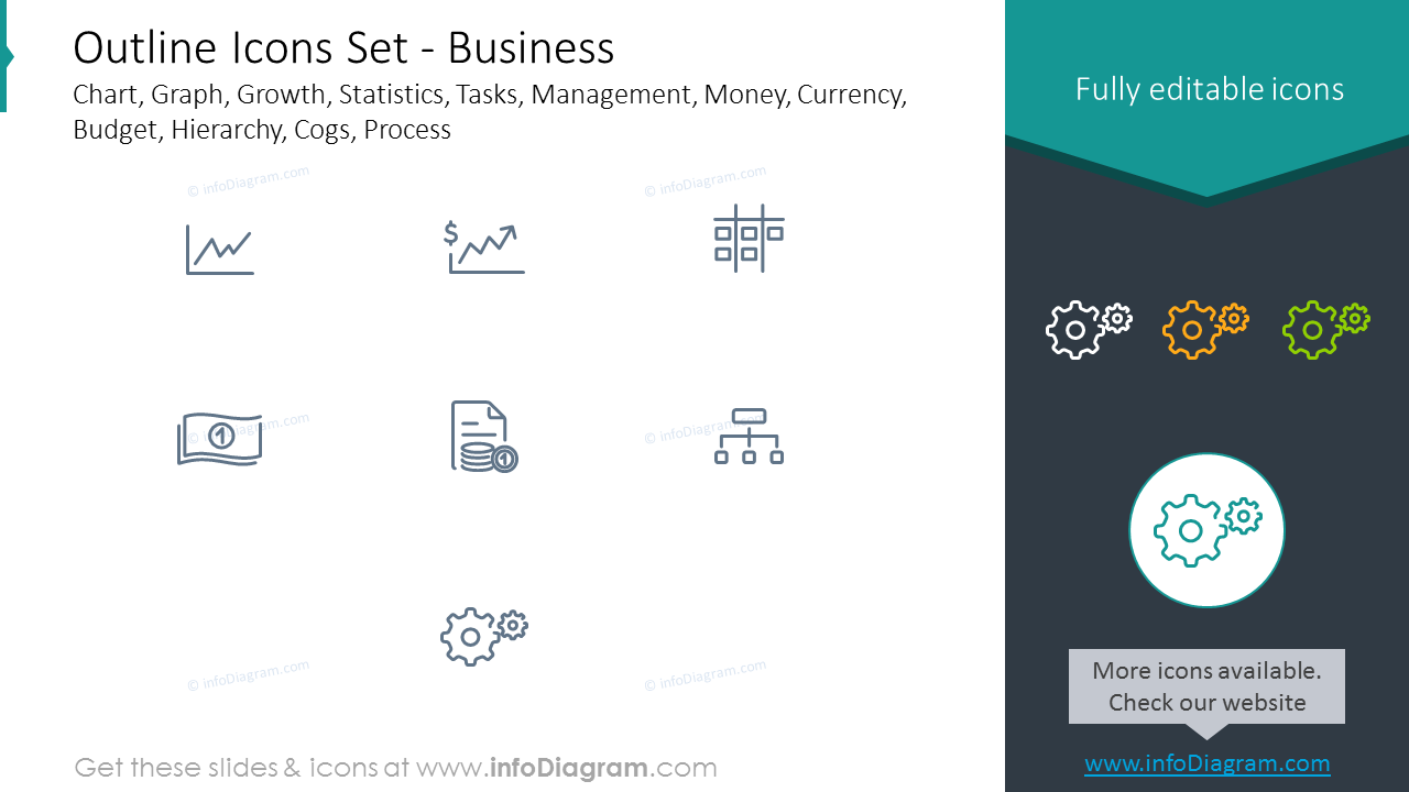 Outline icons set: graph, growth, statistics, tasks, management