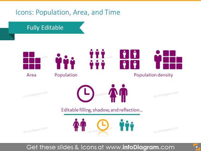 Icons set intended to show population, area and time