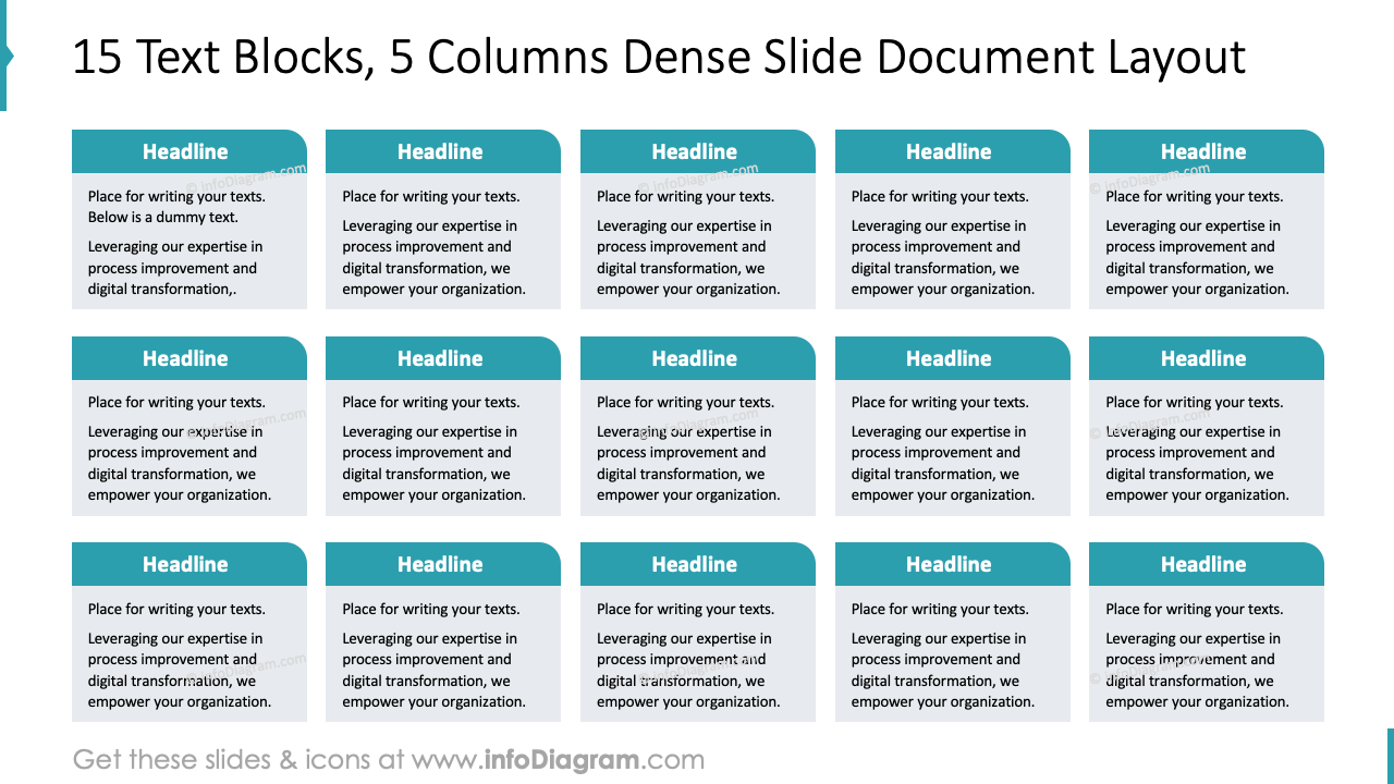 15 Text Blocks, 5 Columns Dense Slide Document Layout