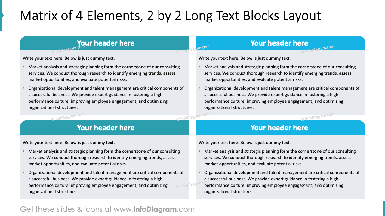 Matrix of 4 Elements, 2 by 2 Long Text Blocks Layout