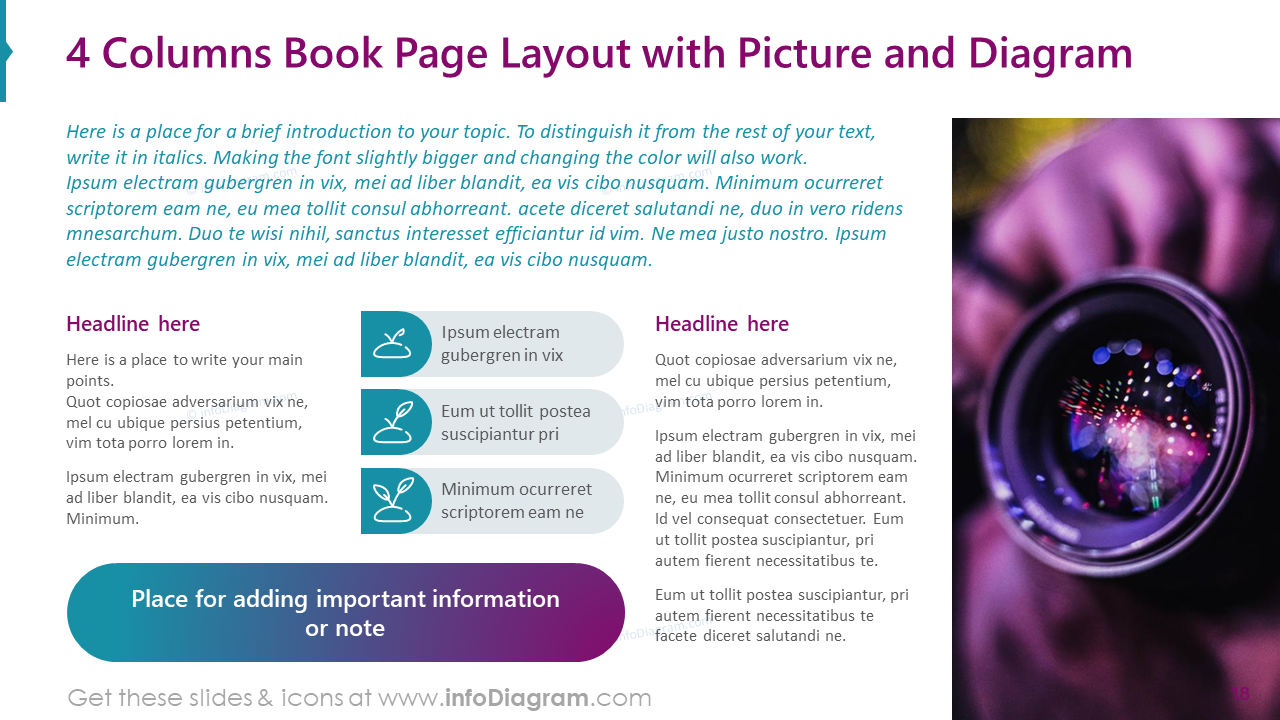4 Columns Book Page Layout with Picture and Diagram