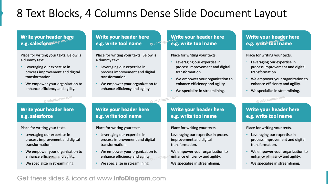 8 Text Blocks, 4 Columns Dense Slide Document Layout