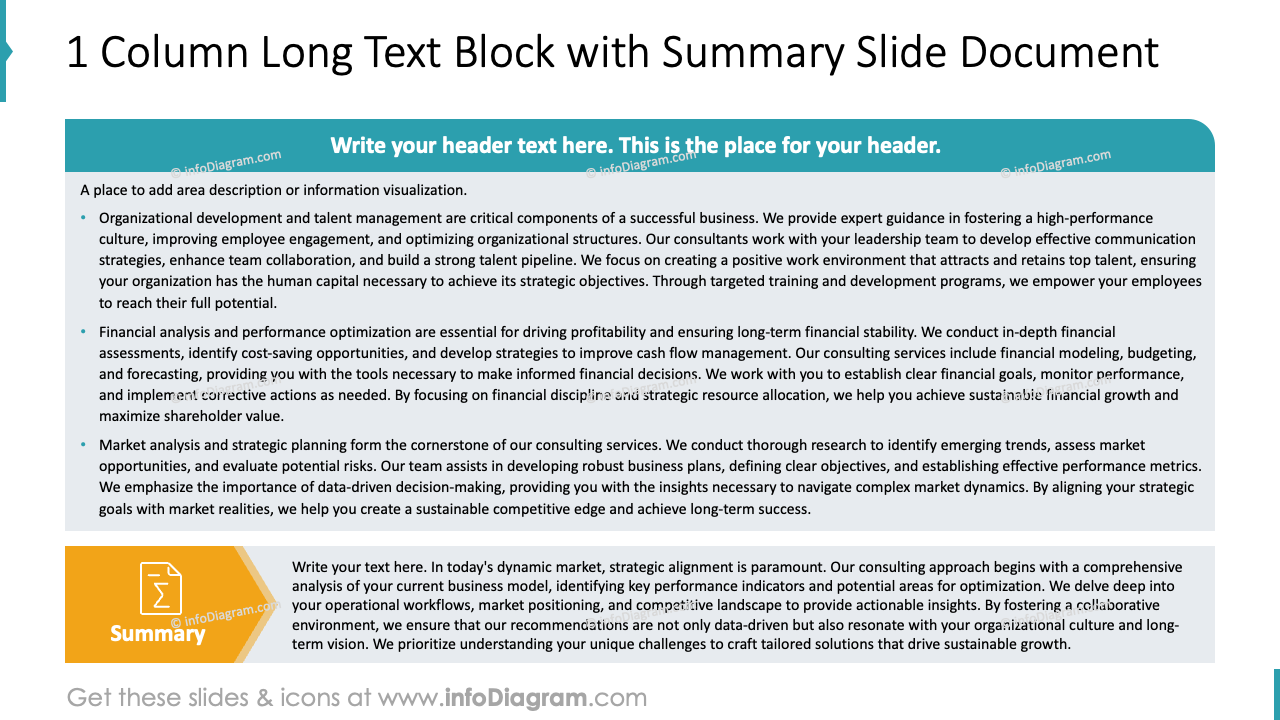 1 Column Long Text Block with Summary Slide Document