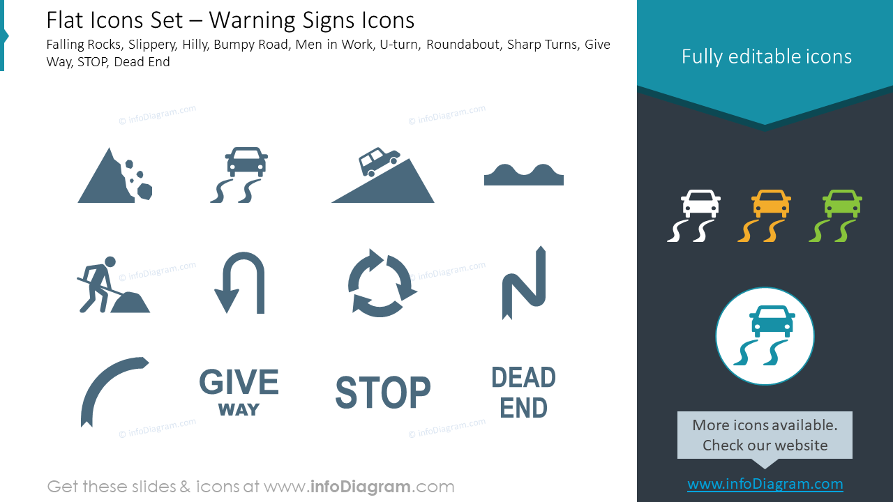 Flat style icons set: falling rocks, slippery, hilly, bumpy road