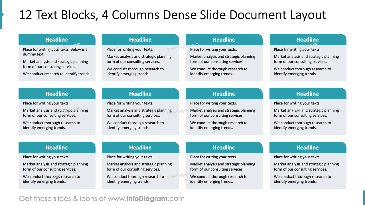 12 Text Blocks, 4 Columns Dense Slide Document Layout