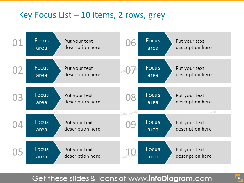 Arrows Diagram Template for 10 items in 2 columns in grey color with ...