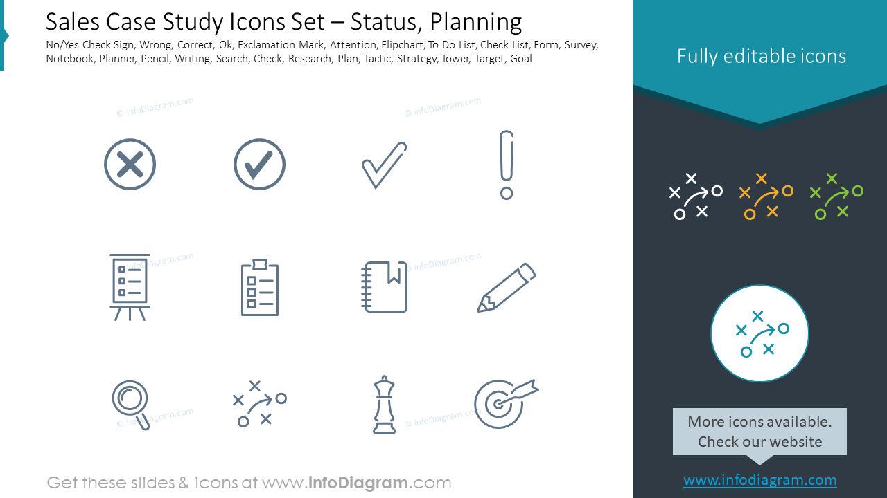 Sales Case Study Icons Set – Status, Planning