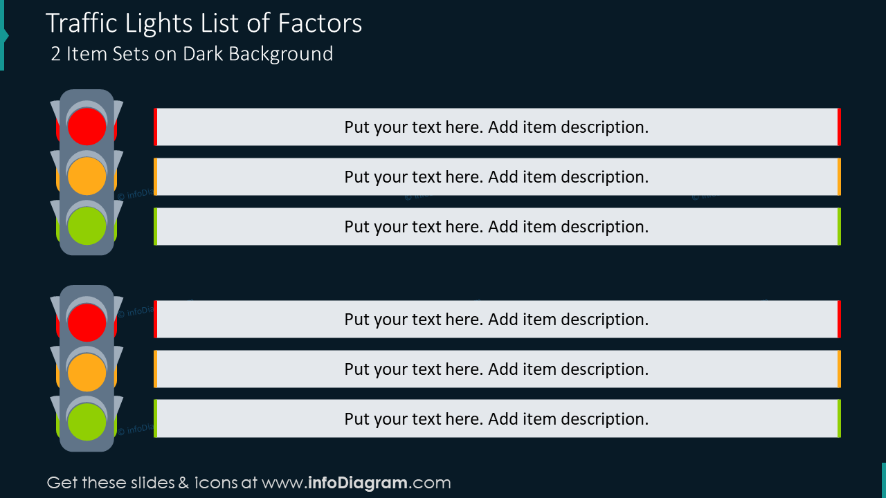 Traffic lights list of factors for two item sets on dark background