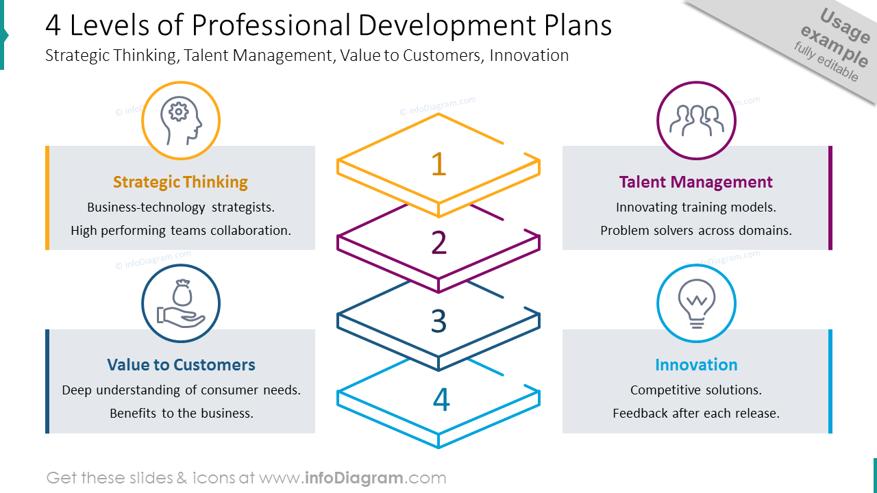 Four levels of professional development plans shown with outline graphics