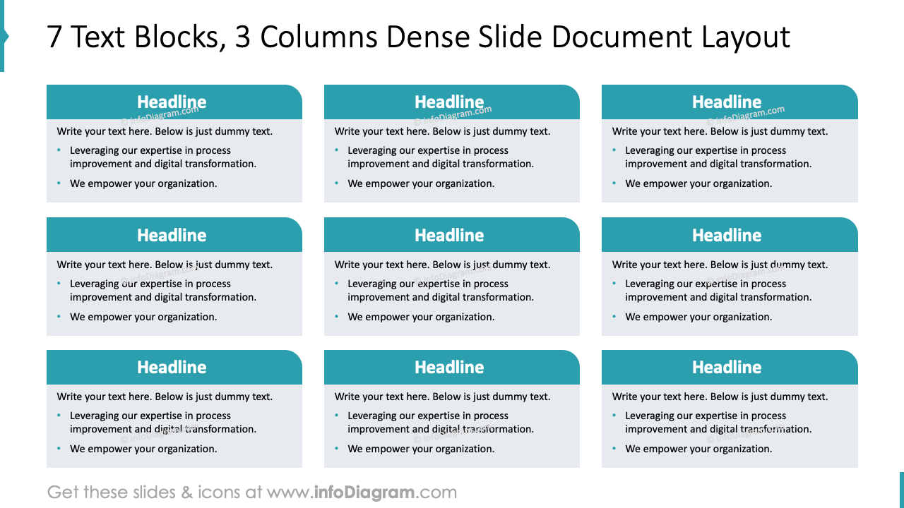 7 Text Blocks, 3 Columns Dense Slide Document Layout