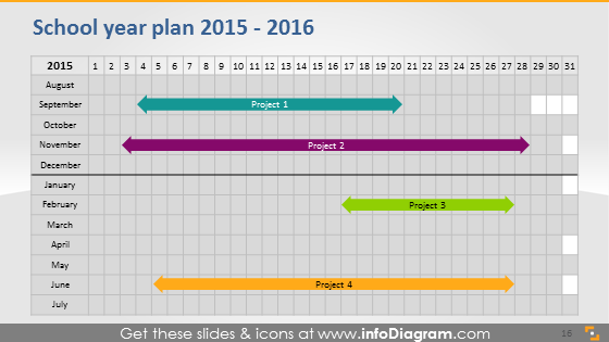 School Calendars 2015 2016 graphics (PPT tables and icons, EU ISO dates)
