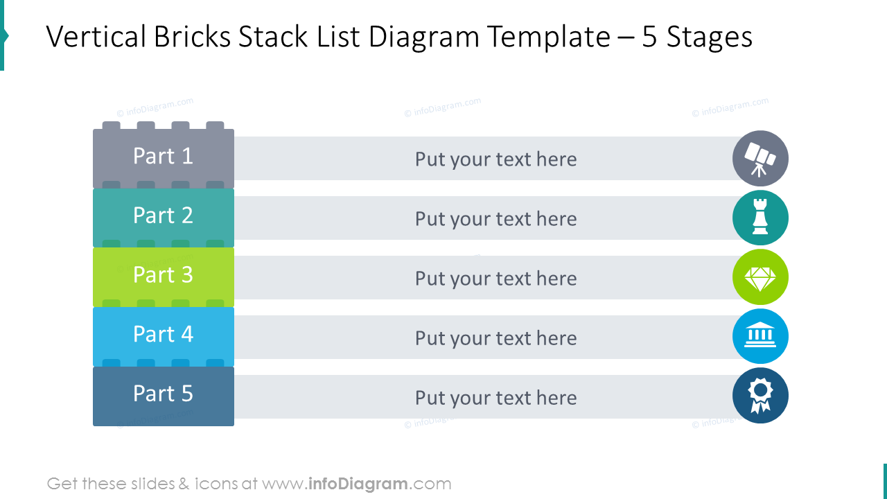 5-staged vertical stack list diagram with flat icons