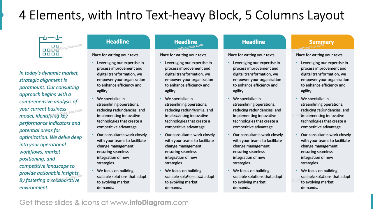 4 Elements, with Intro Text Heavy Block, 5 Columns Layout