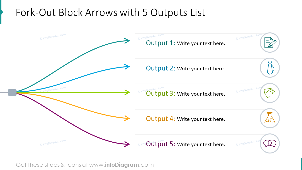 List for 5 outputs designed with fork-out block arrows
