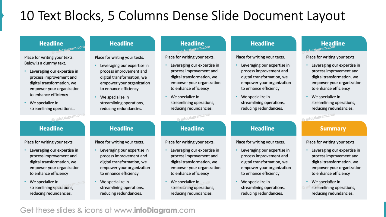 10 Text Blocks, 5 Columns Dense Slide Document Layout