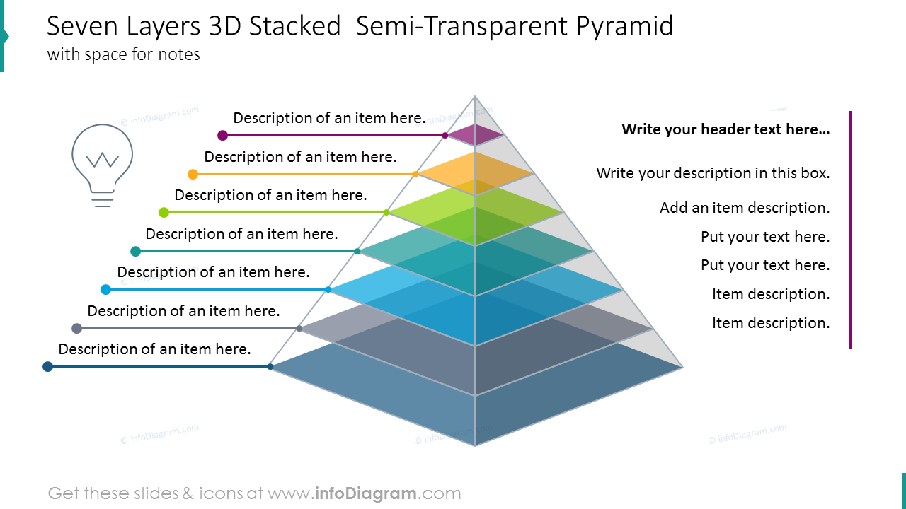 Seven layers 3D Stacked semi-transparent pyramidwith space for notes