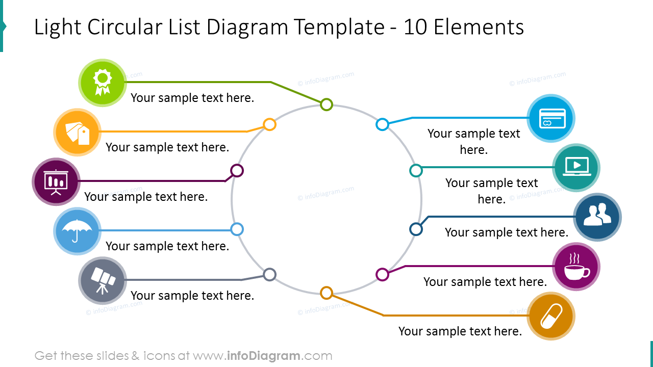 10 elements light circular list graphics with colourful flat icons