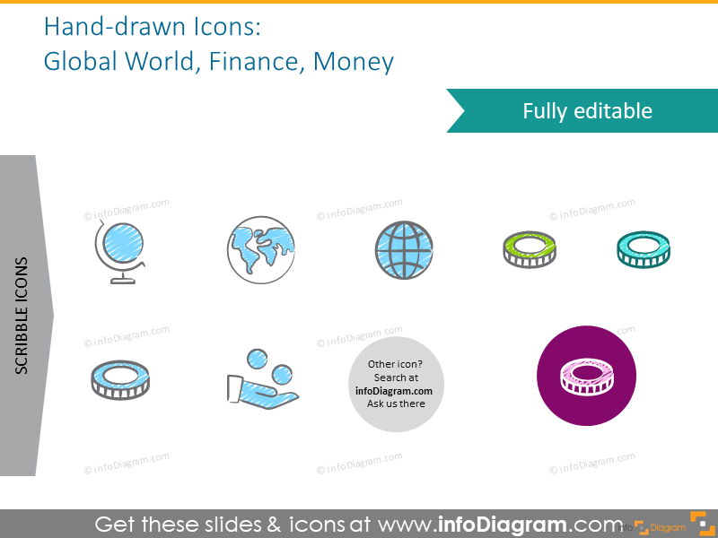 Example of the icons set intended to show global world, finance and money