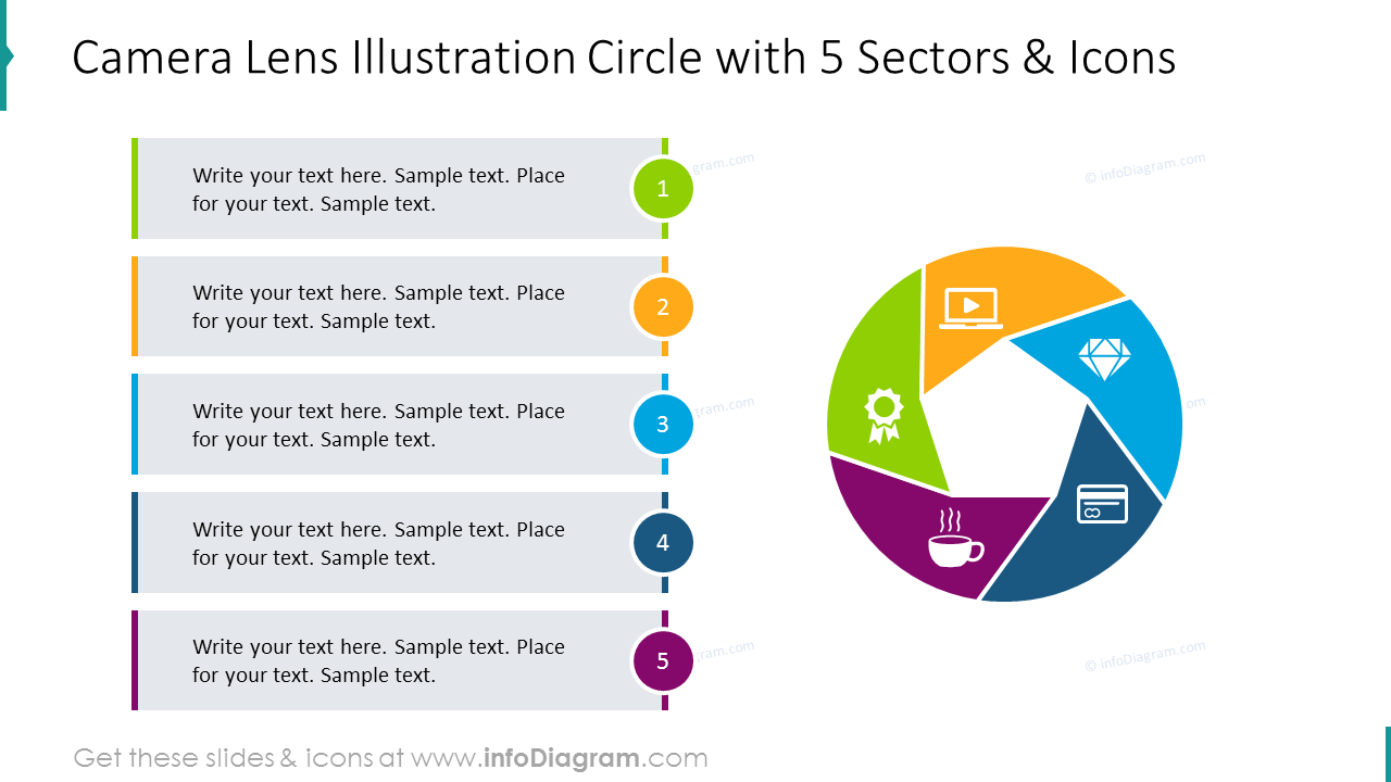 Camera lens illustration circle with 5 sectors and icons
