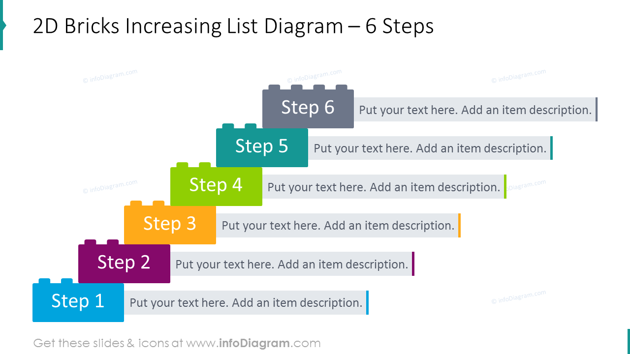 2D bricks increasing list diagram for 6 steps