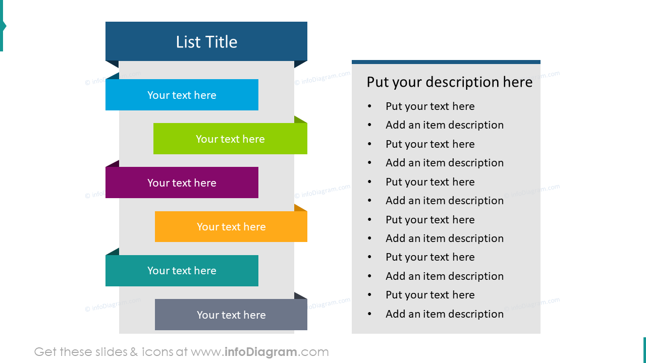 Flat ribbon vertical list diagram for 6 items and commentary box
