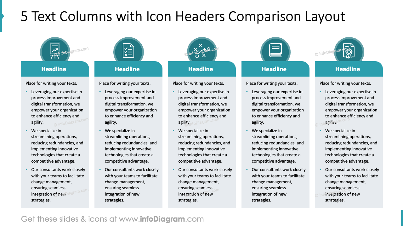 5 Text Columns with Icon Headers Comparison Layout