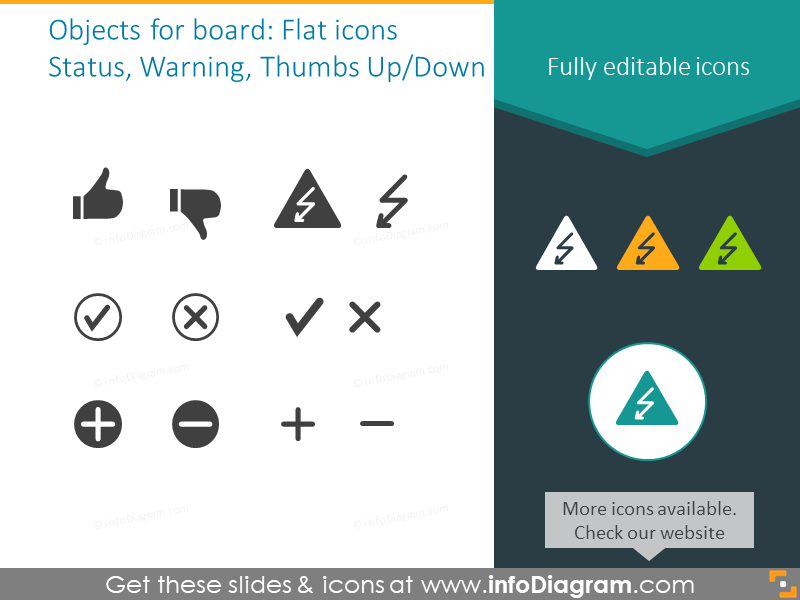 Objects for a Kanban board: status, warning, thumbs up and down