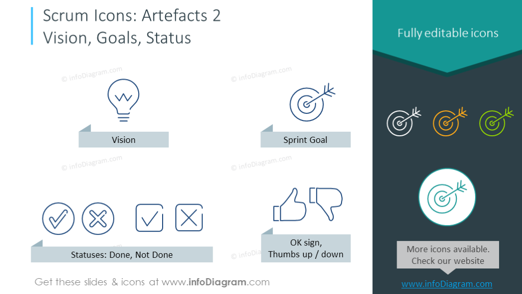 Scrum artifacts icons set: vision, goals, status
