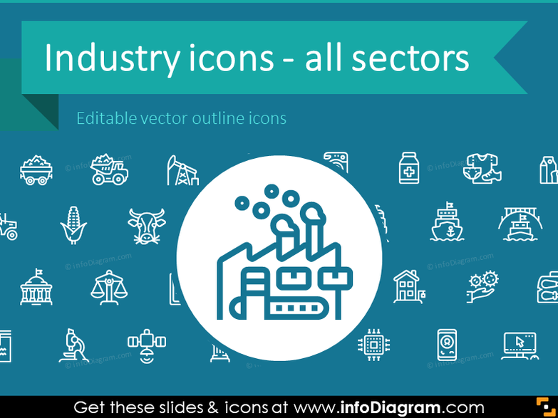 64 Outline PPT Icons All Industry Sectors for Modern Presentation